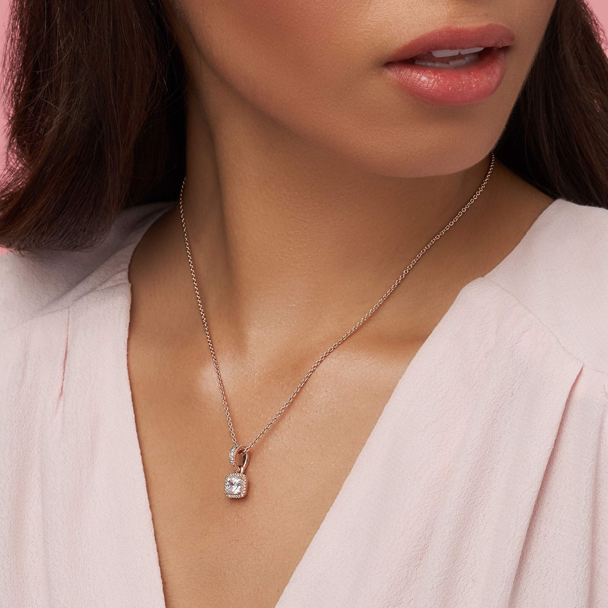 Pandora Jewelry Square Sparkle Halo Cubic Zirconia Necklace in Rose