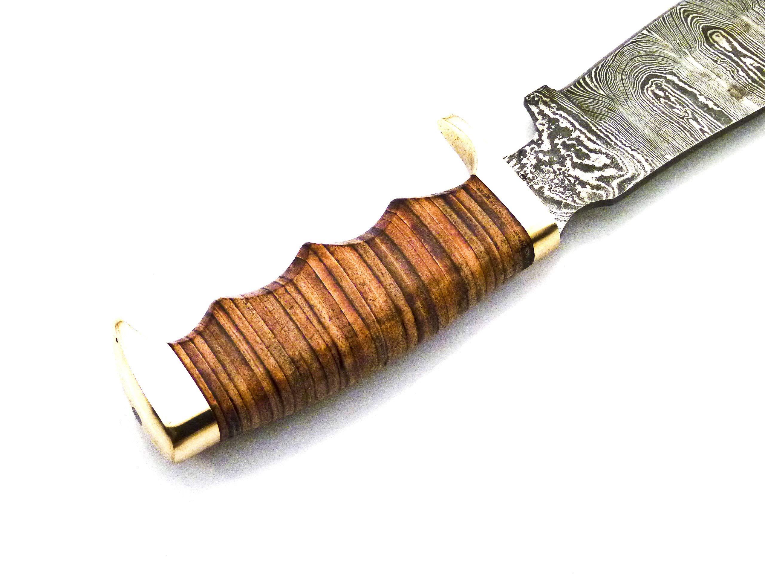 Skokie Knives Custom Hand Made Damascus Steel Hunting Knife Handle Leather Stacked with Brass Spacer (Stacked)