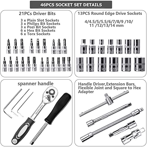 YUFANYA 46PCS 1/4 inch Drive Socket Set,Metric Ratchet Wrench Set with 4-14mm CR-V Sockets,S2 Bits,Extension Bars,Mechanic Tool Kits for Household Auto Repair