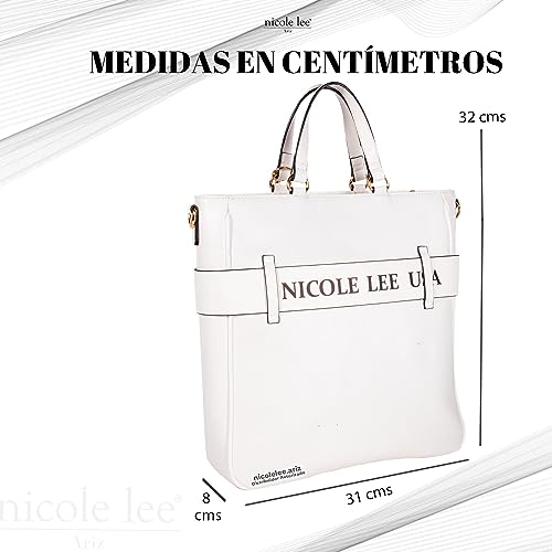 Nicole Lee Zuri Large Tote Bag, Vegan Leather Logo Ribbon Bow Bag with 3 Compartments, NL Gold Metal Hardware (WHITE)