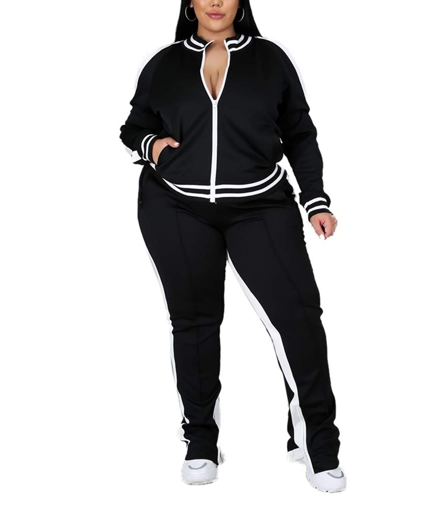Ophestin Womens Plus Size 2 Piece Tracksuits Outfit Long Sleeve Jacket Skinny Sweatpants Set Green 3XL
