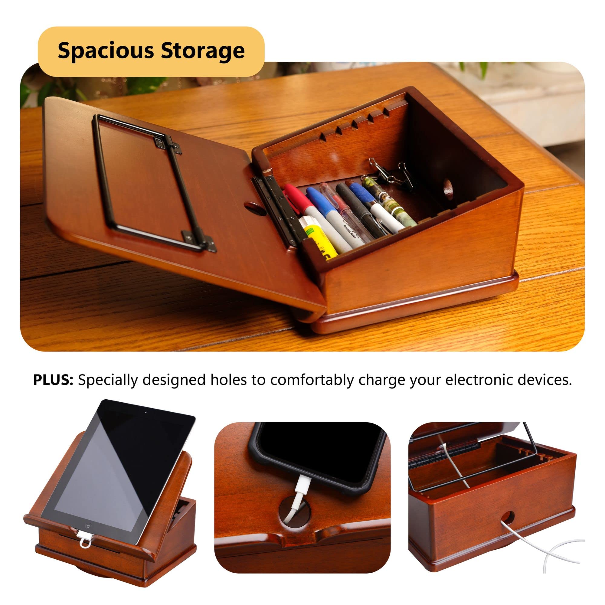 Wooden Book Stand for Cookbook Textbook and Tablet, Adjustable Angles, Spacious Storage Case, Carousel Base (Dark Cherry)