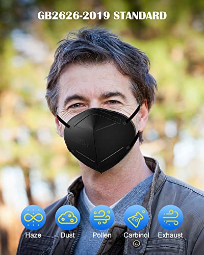 YUIKIO KN95 Face Mask,60 Pack Cup Protective Masks,5 Layers Filter Safety Mask Against PM2.5 Disposable KN95 Respirator Masks in Bulk (Black)