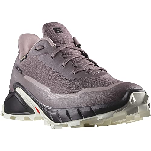 Salomon Women's ALPHACROSS 5 GORE-TEX Trail Running Shoes for Women, Moonscape / Black / White, 8