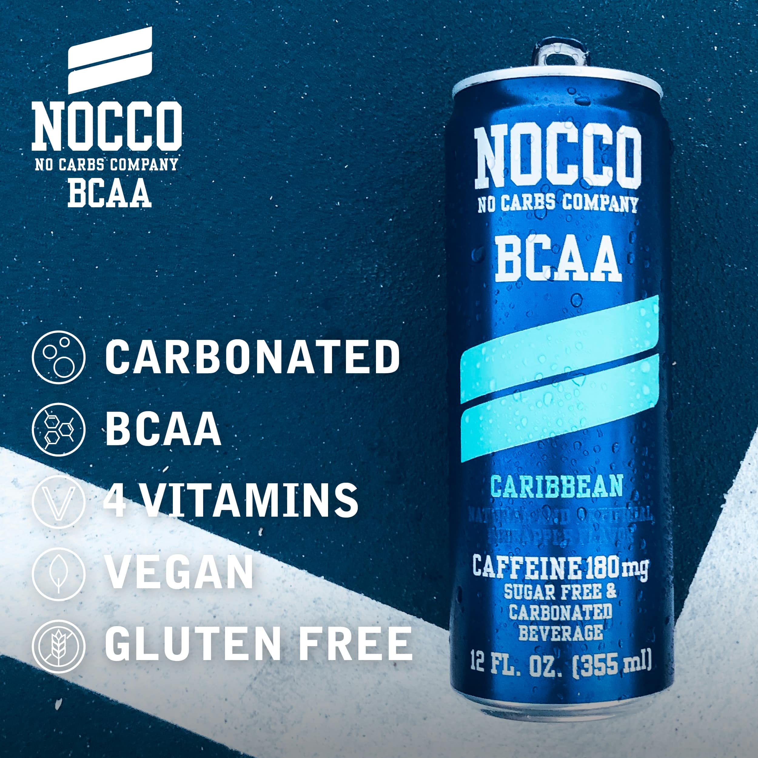 NOCCO BCAA Energy Drink Caribbean Pineapple - 12 Fl Oz (Pack of 12) - 180mg Caffeine, Sugar Free Energy Drinks - Carbonated, Low Calorie, BCAAs, Vitamin B6, B12, & Biotin - Grab & Go Performance Drink