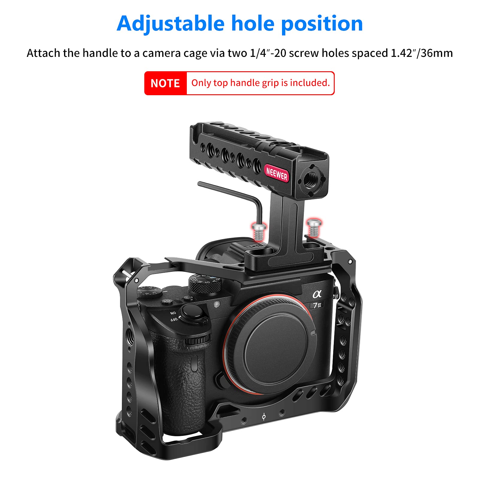 Neewer Top Handle Grip, Video Camera Cage Handle with Locating Holes, 1/4" & 3/8" Mounting Screws, and Cold Shoes for LED Light, Monitor, Microphone, Compatible with SmallRig Camera Cage - VS104