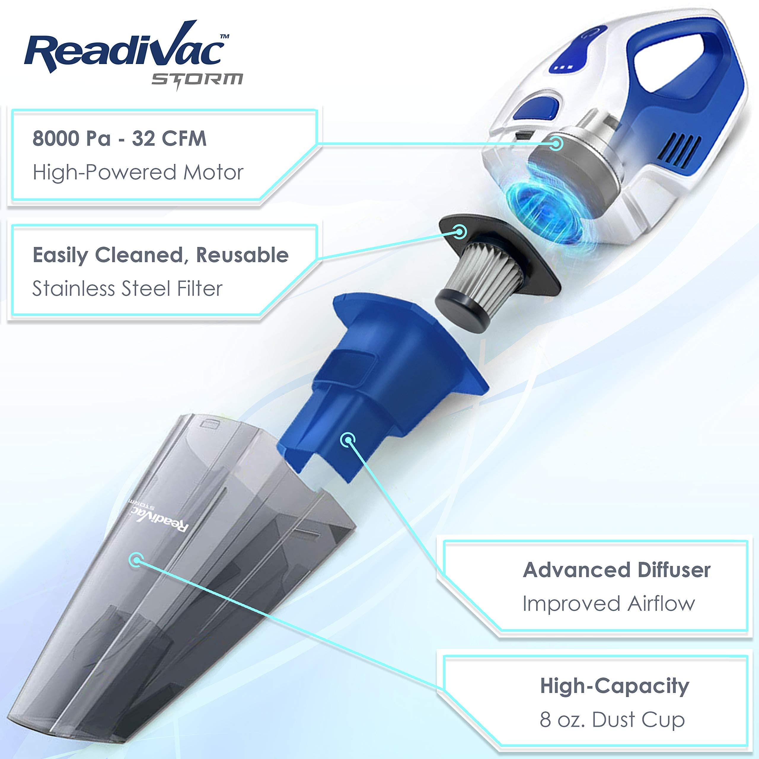 ReadiVac Kirby Storm Handheld, Wet & Dry Vacuum Cleaner, Powerful Cordless Hand Vac for Home & Car, Small Lightweight Handvac, 22.2volt Lithium-ion Rechargeable Battery, Medium, Blue
