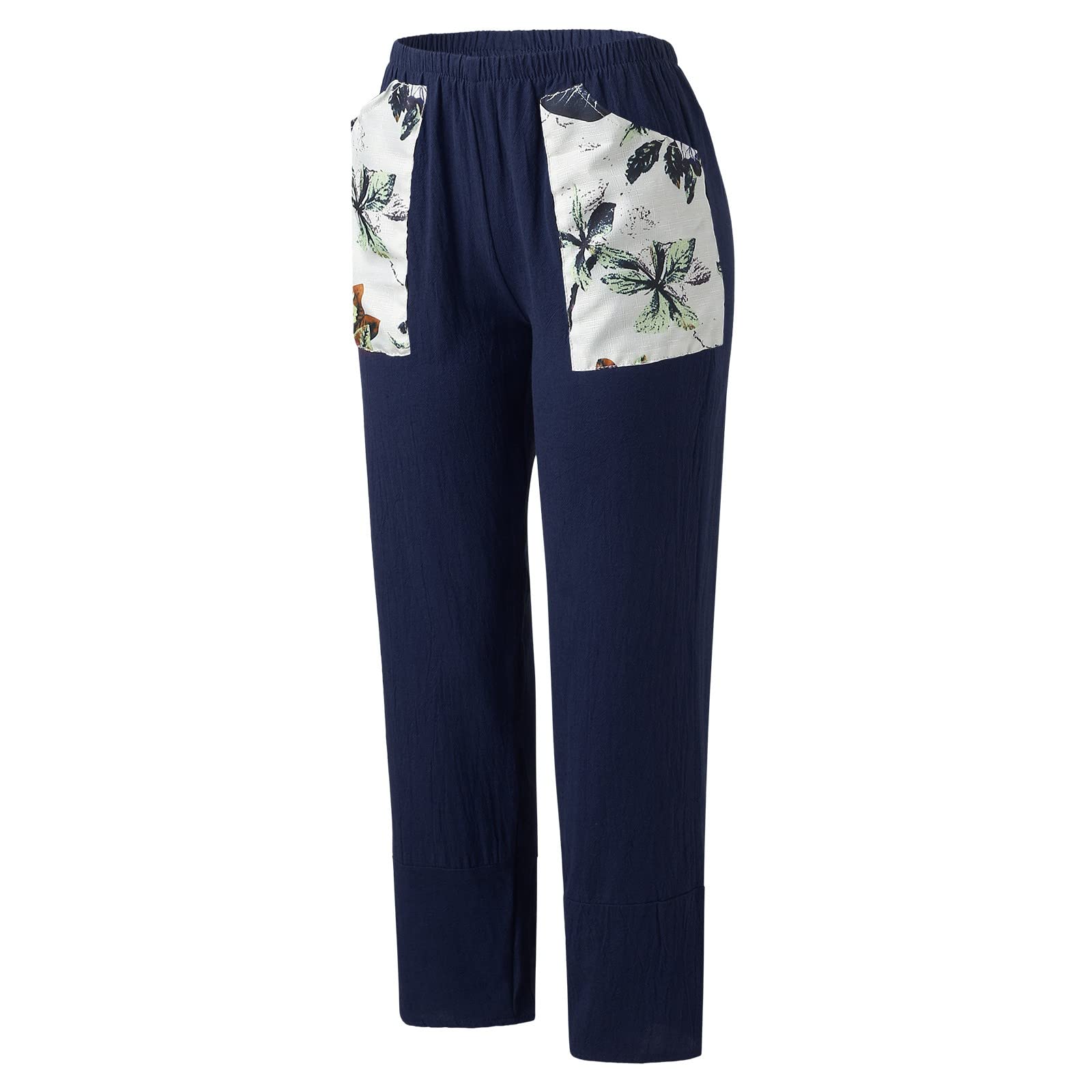 Womens Casual Printned Capri Pants Elastic Waist Summer Cropped Trousers with Pockets Plus Size Yoga (Dark Blue, L)