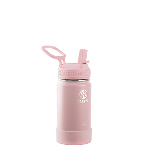 Takeya Actives Kids Insulated Stainless Steel Kids Water Bottle with Straw Lid, 14 Ounce, Blush Monochrome