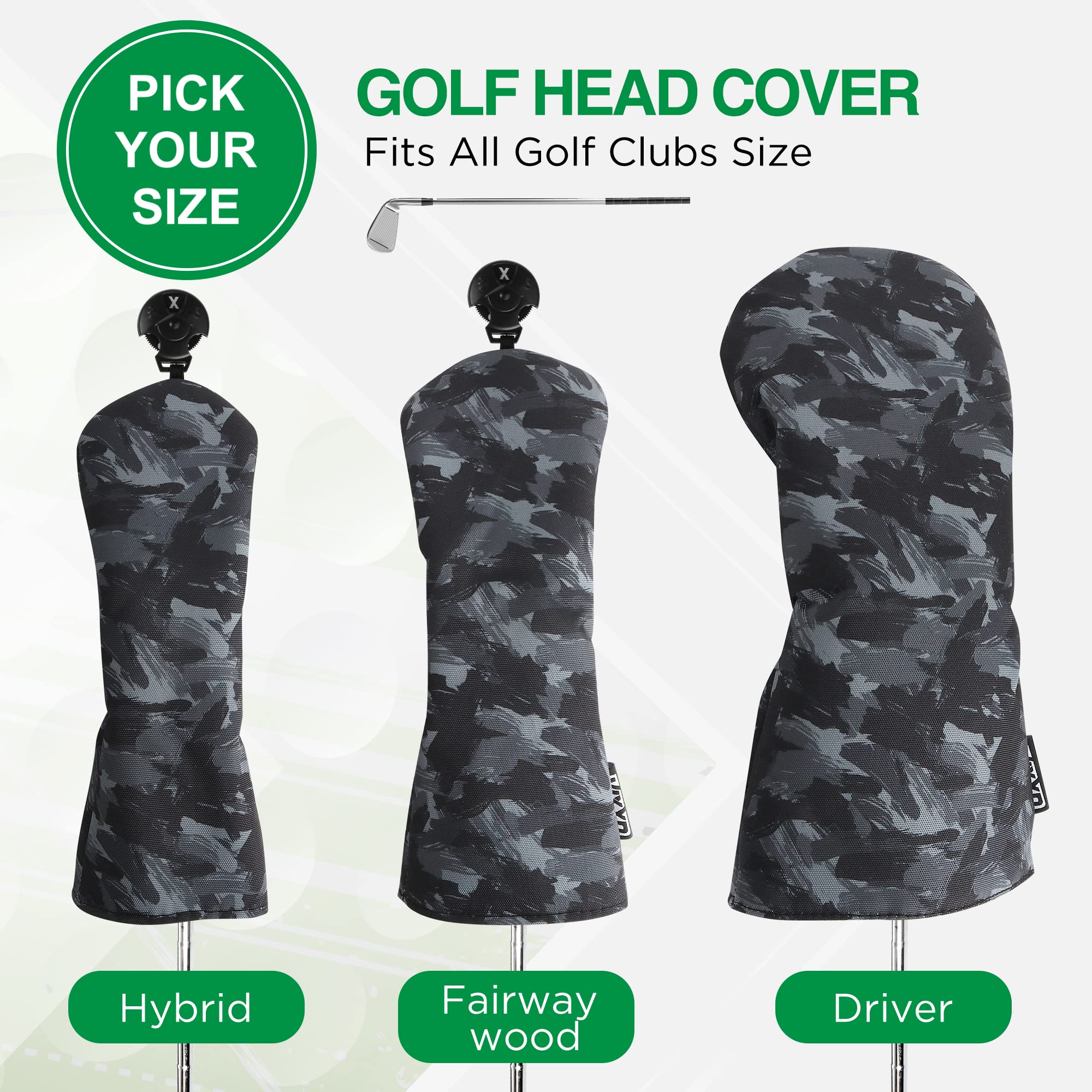 VIXYN Golf Headcovers - Golf Head Covers for Driver, Fairway Woods and Hybrid - Driver Headcover to Fit All Golf Clubs (Black Brush - Driver)