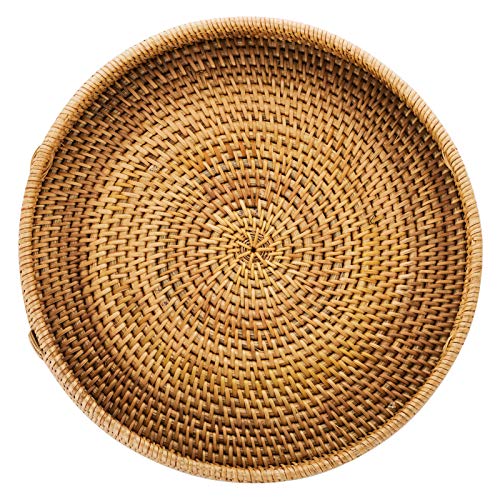 Sziqiqi Rattan Serving Tray Round Woven Decorative Tray for Coffee Table with Handles Display Storage Basket Trays for Fruit Food Drinks Snack Wicker Boho Ottoman Platter