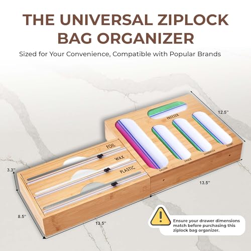 PANDAWOOD 8 IN 1 Storage Bag Organizer - Bamboo Plastic Bag Organizer - Foil Plastic Wrap Dispenser with Cutter - Kitchen Organizers Storage - Kitchen Drawer Organizer For Sandwich Bag, Food Bag