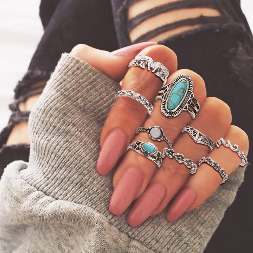 Turquoise Ring Set Silver Rings for Women Stackable Rings Set Opal Middle Finger Ring Flower Knuckle Rings for Women Elephant Ring Midi Rings for Girls Stacking Rings