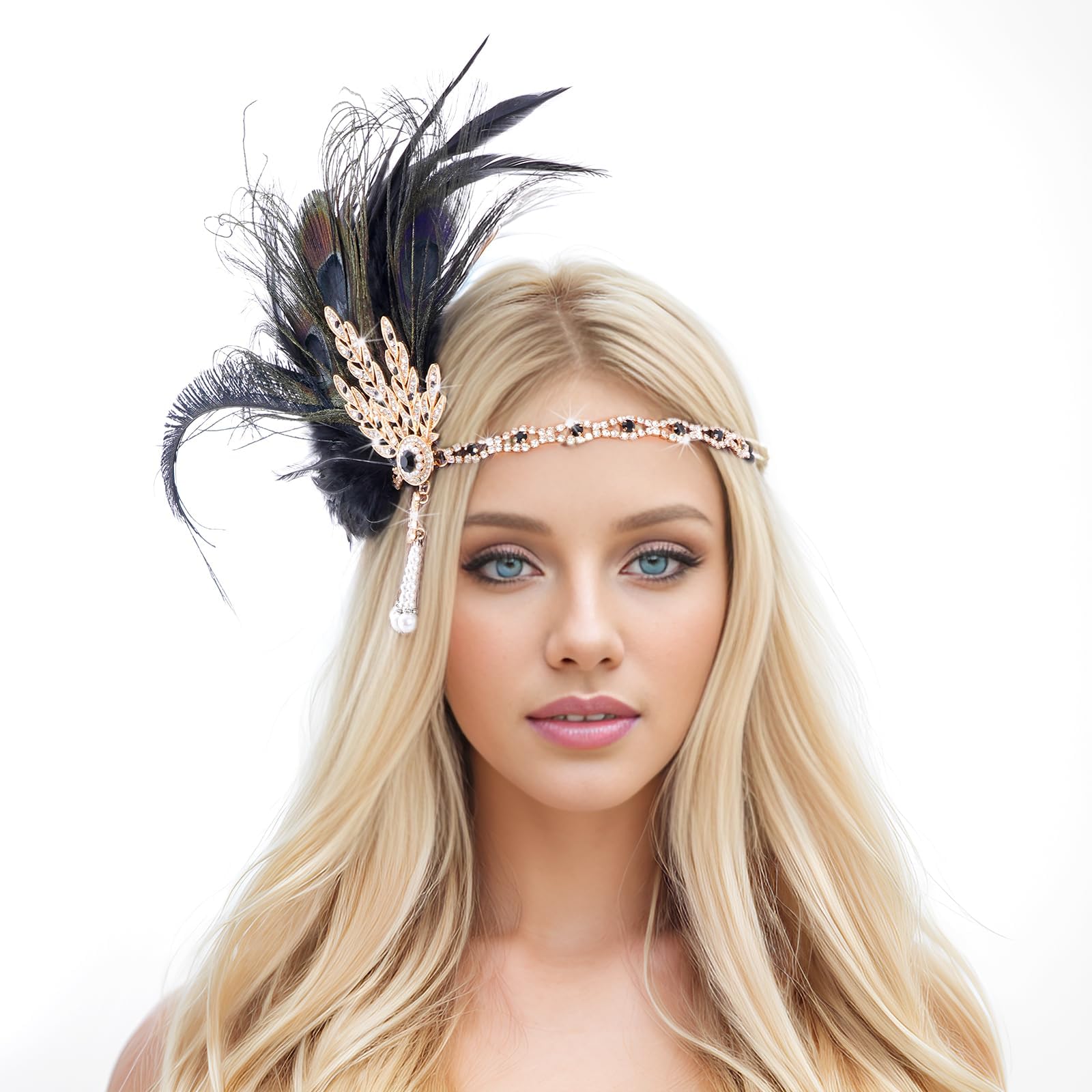 Tongcloud 1920s Flapper Feather Headband Roaring 20s Gatsby Headpiece Women's 1920s Headband Flapper Feather Headpiece (Black)