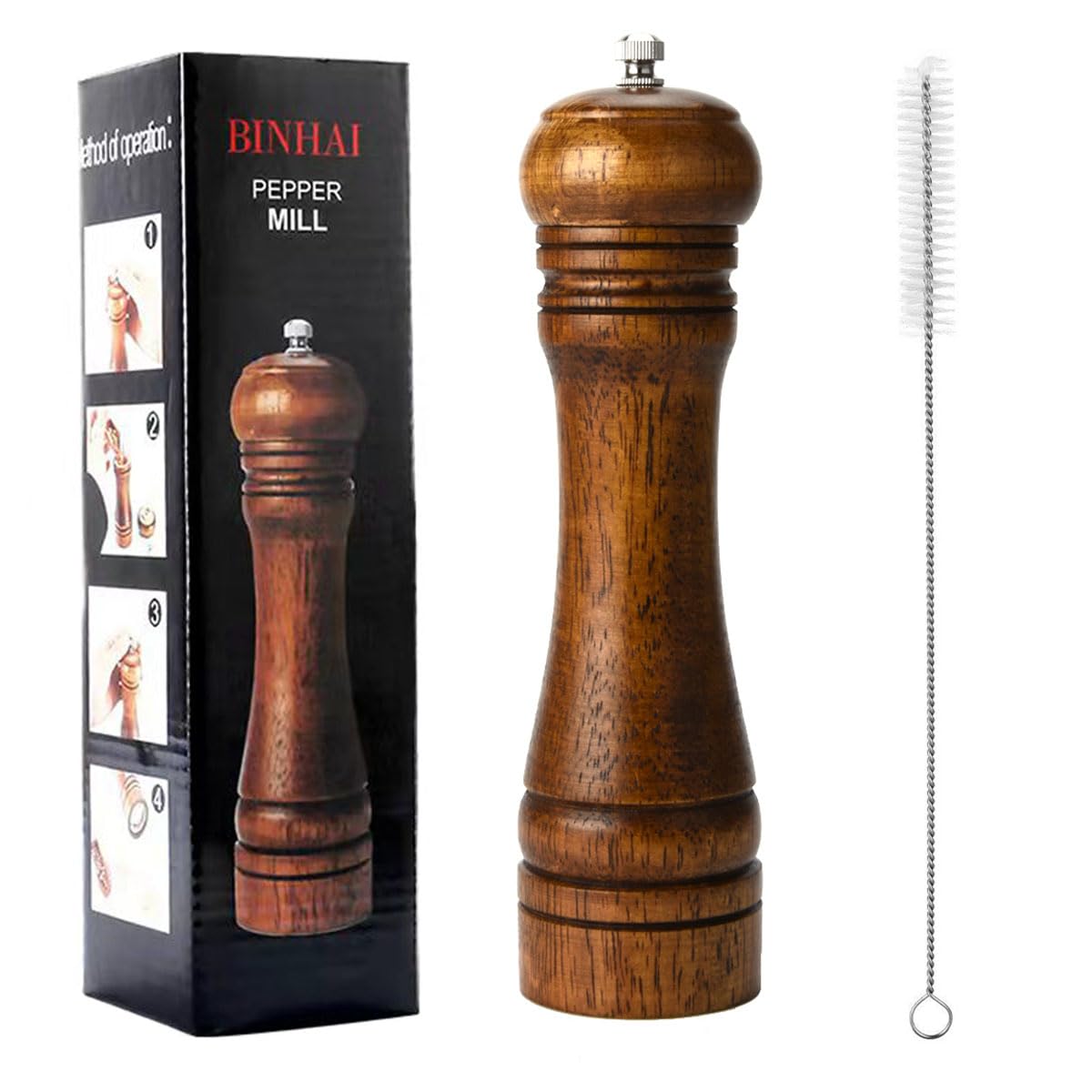 Wooden Pepper Grinder, Pepper Mill Kit Wood Manual mills Solid With Strong Adjustable Ceramic Grinders 8 "