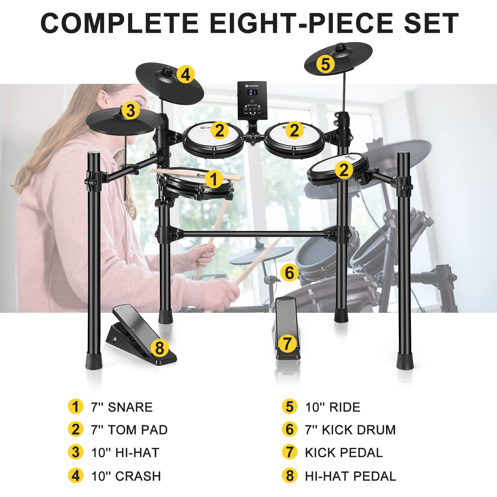 Vangoa Electronic Drum Set Junior Electric Drum Kit for Kids Beginner with 210 Sounds, Electric Quiet Mesh Drum Set with Heavy Duty Pedals, USB MIDI Connection and Drum Sticks, Black (New Upgraded)