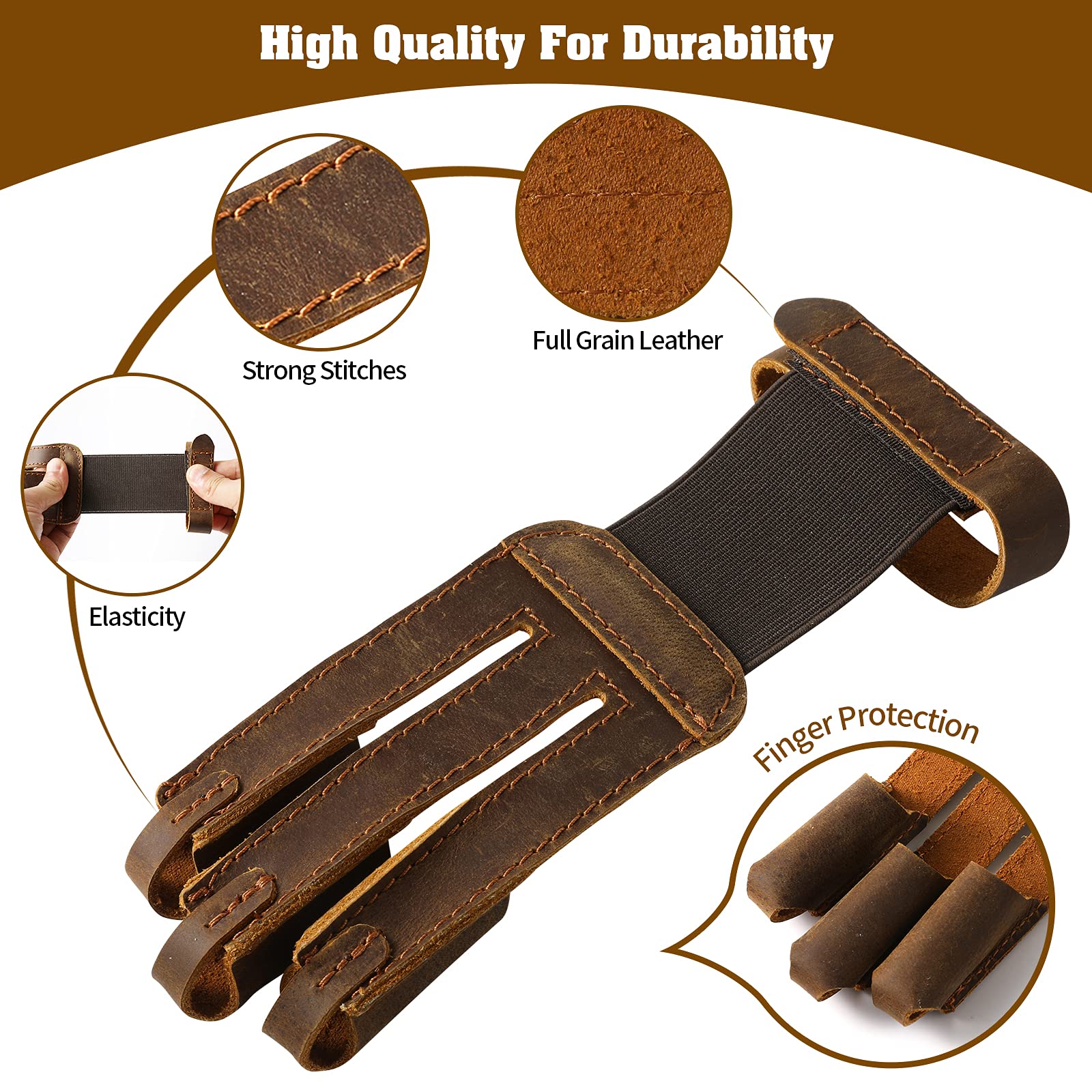 RingSun Archery Glove Three Finger Genuine Leather Protective Glove for Youth & Adult, Archery Protective Gear Accessories Archery Shooting Glove RS71, Brown
