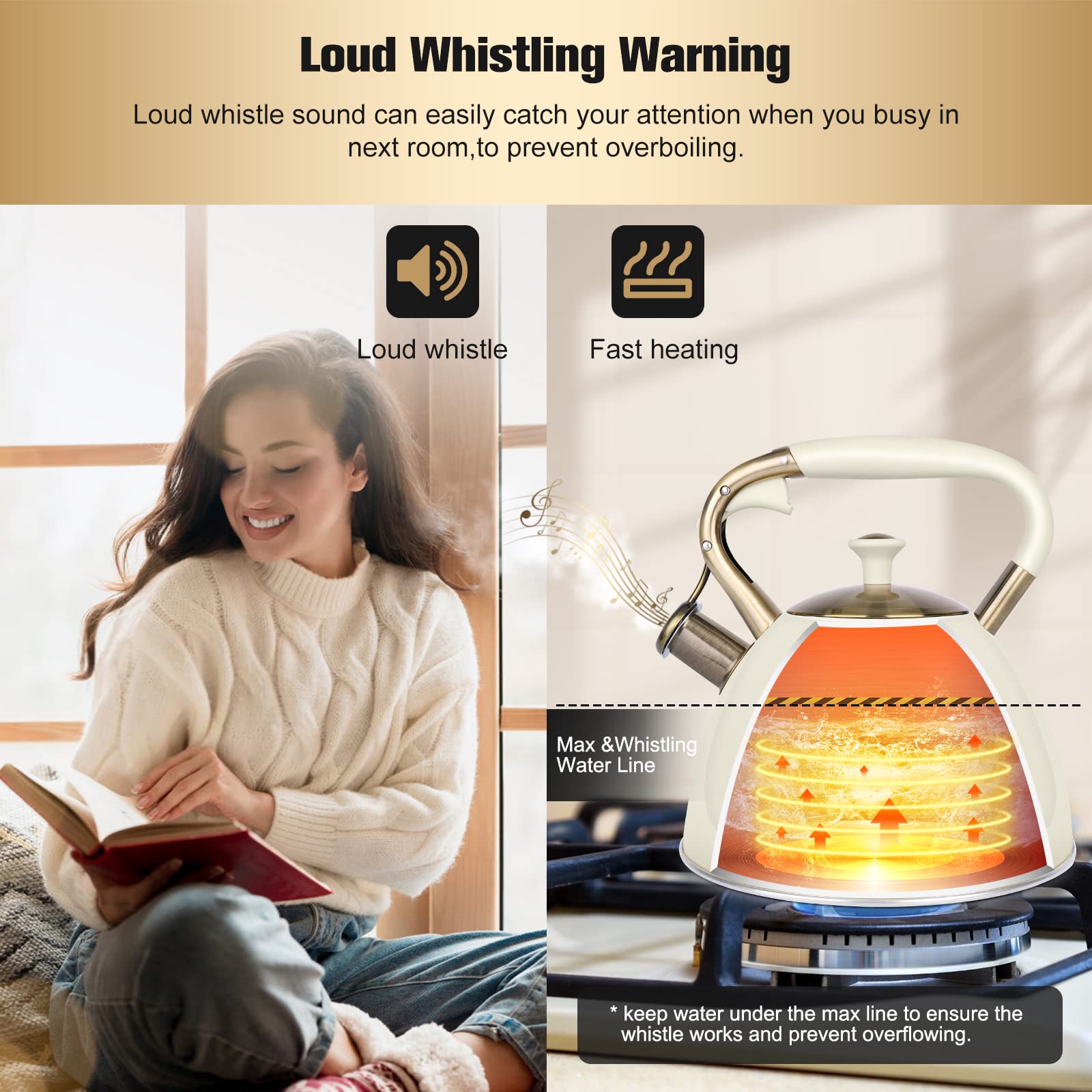 Tea Kettle Stove Top 3.17Quart Modern Whistling Tea Kettle-Surgical 5 Layer Stainless Steel Teakettle Teapot with Cool Touch Ergonomic Handle Teapot - Pot For Stove Top (copper handle)