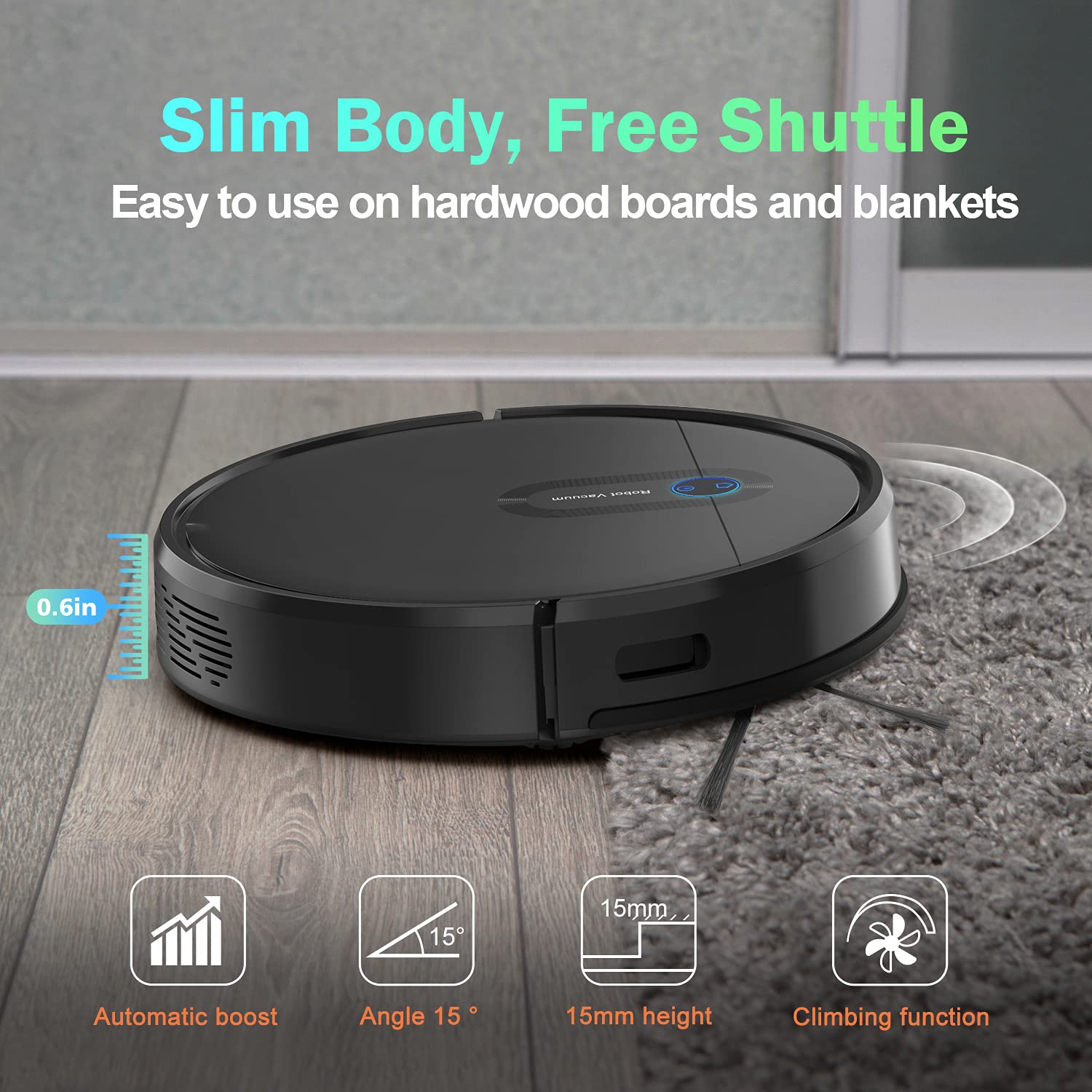 Robot Vacuum, 2000Pa Robotic Vacuum Cleaner with Triple-Filter System, 120-min Runtime Smart Robot Vac Good for Pet Hair, Carpets, Hard Floors, Self-Charging, Black