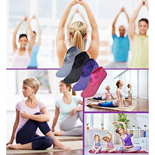 Non Slip Yoga Socks with Grips 4 Pack Straps Barre Pilates Ballet Dance Anti-Skid Socks for Women