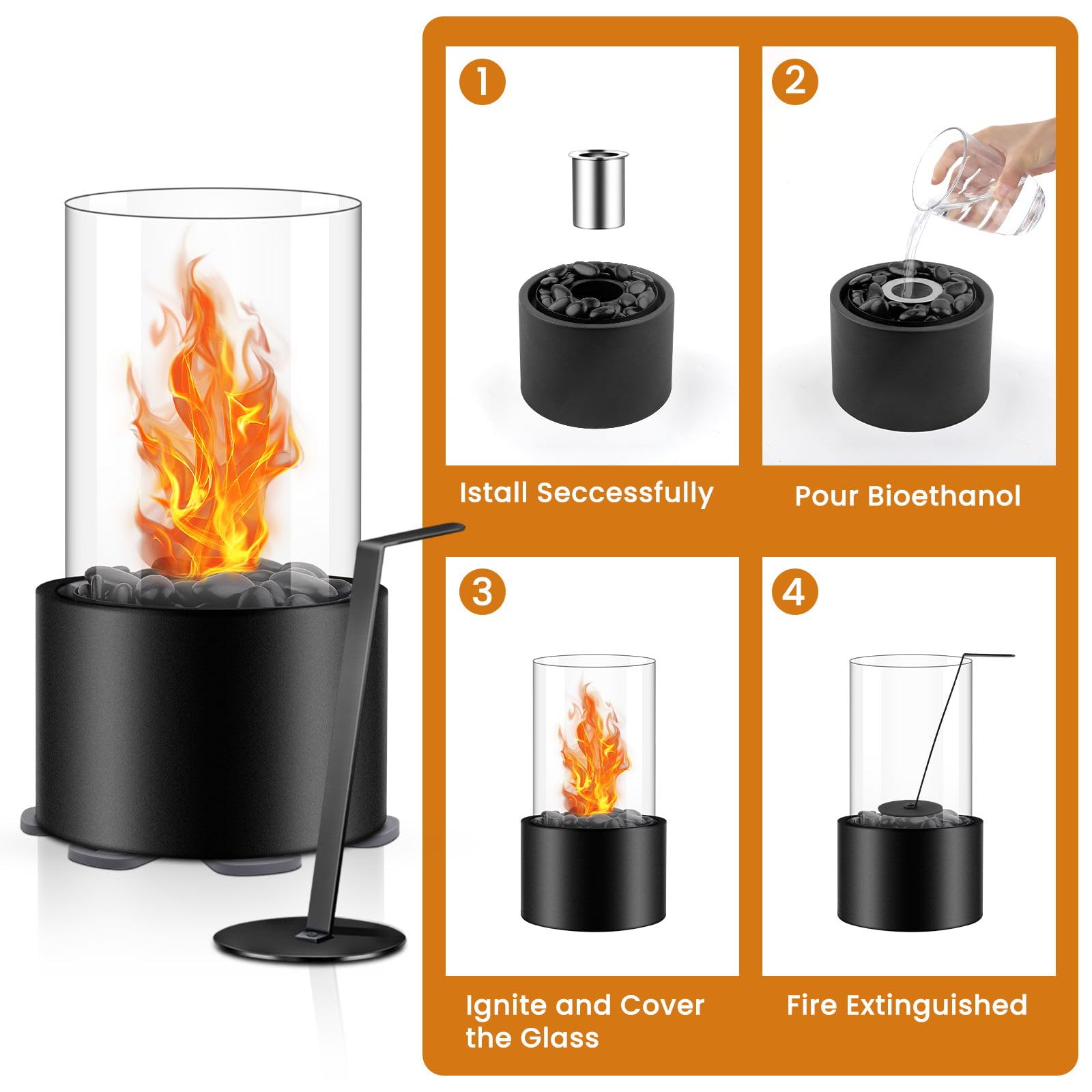 OUBRTS Mini Tabletop Fire Pit,Indoor&Outdoor Fire Pit Tabletop, Personal Tabletop Fireplace, Portable Table top fire Pit Bowl Use Ethanol as Fuel