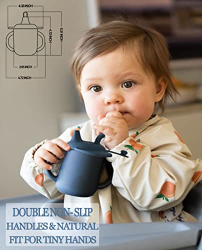 Silicone Sippy Cup for Toddler, Transition Straw Cups for baby 6 months+, 3 in 1 Elephant Training Sippy Cups for Babies with Cleaning Brush, Two Handles, Microwave Safe and Dishwasher, BPA Free, 7oz