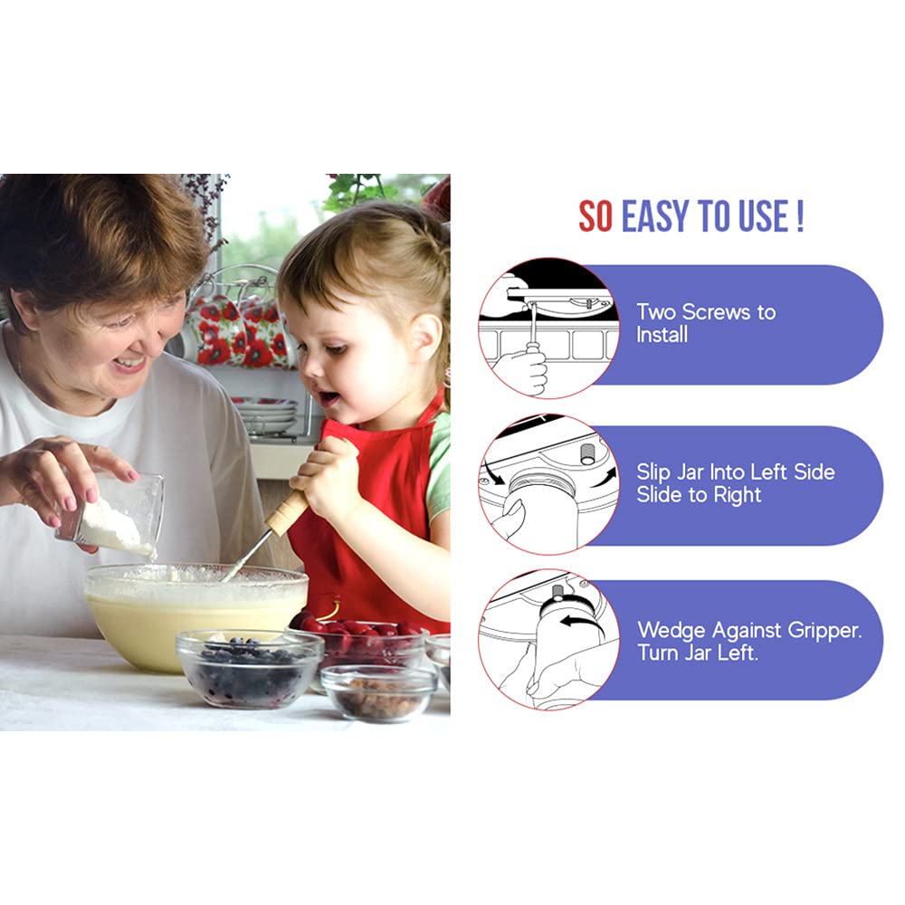 UN-SKRU Jar Opener - Under Cabinet Bottle & Jar Lid Opener for Arthritis, Weak Hands, Seniors β One Handed, Easy Grip Universal Lid Gripper Tool for Jars, Bottles & Containers β Removes Tight Jar Lids