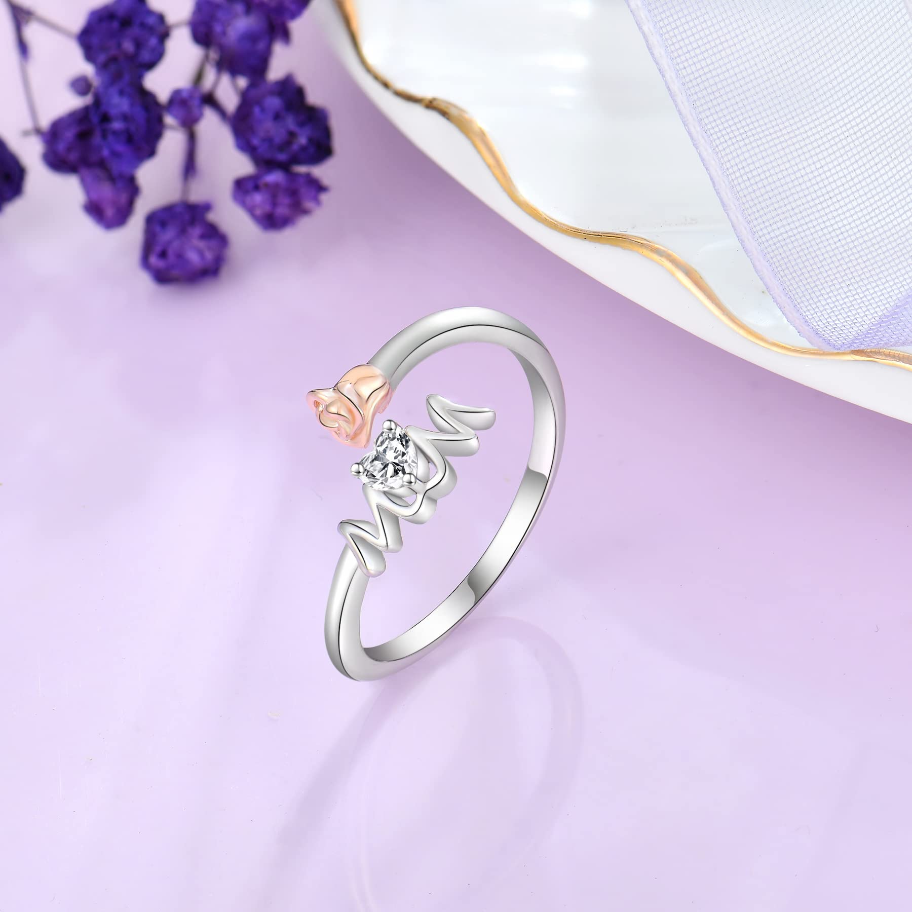 STARCHENIE Adjustable Mom Ring 925 Sterling Silver Open Rose Ring Gift for Mother Size 7