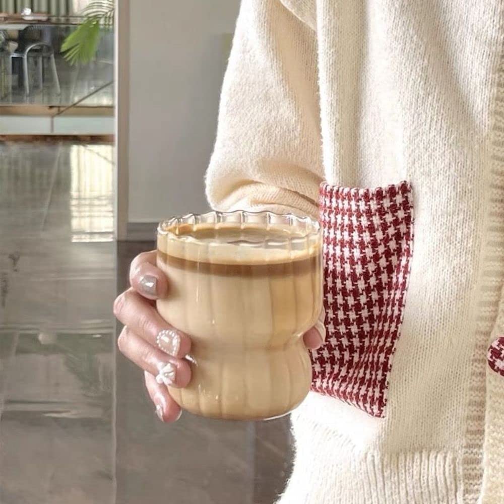 Peyan Ribbed Glass Cups,2 Pcs 9 Oz Origami Style Cups with 2 Iced Ball Molds,Vertical Stripes Bubble Glasses Drinking,Ribbed Glassware,Bubble Cups,Ripple Glassware,Ribbed Drinking, 20x15cm