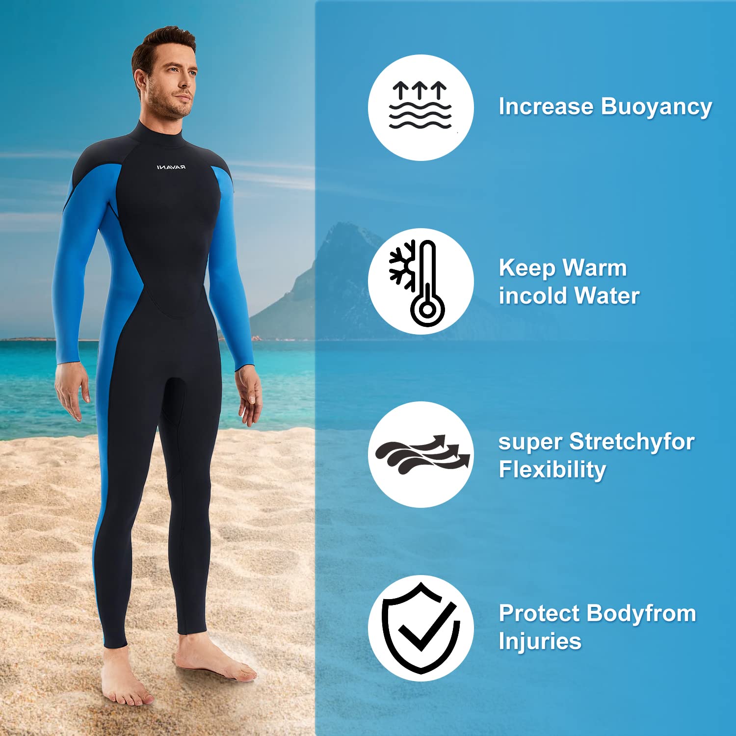 RAVANI Wetsuits for men,3mm wet suits for men in cold water in blue and black,mens wetsuit for diving, surfing, snorkeling and kayaking, Neoprene for keep warm