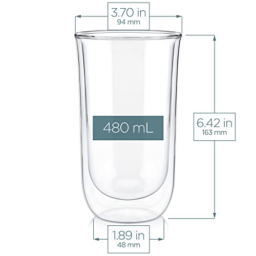 Teabloom Tulip Large Insulated Glasses for Iced Tea, Cold Brew Coffee and Other Beverages - Double Walled Borosilicate Glass Keeps Drinks Cold/Hot - 16 oz (Set of Two)