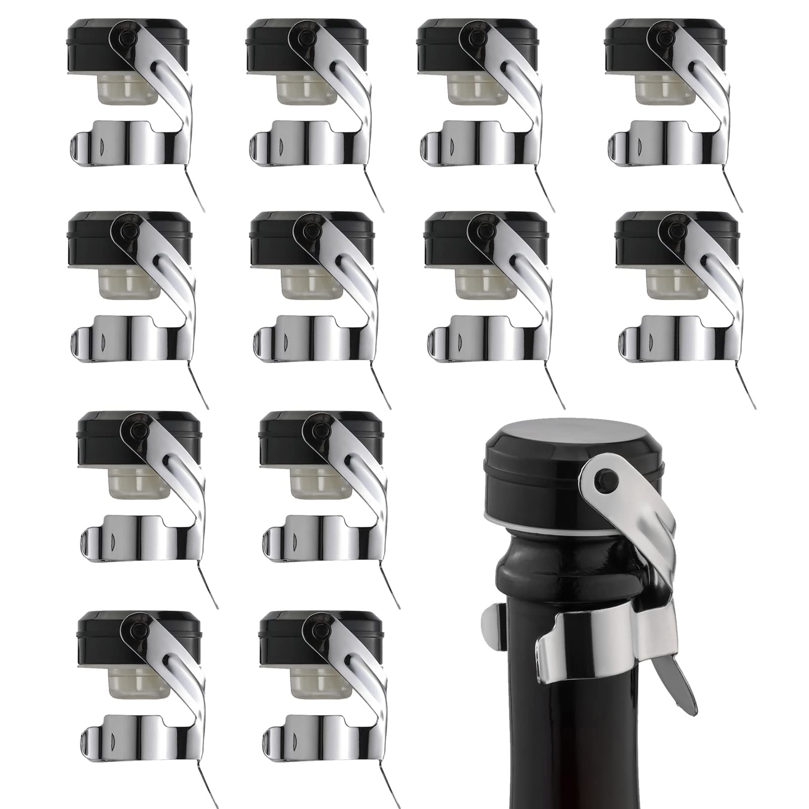 WOTOR Champagne&Wine Bottle Stoppers Stainless Steel with Food Grade Silicone, Leak Proof Keep Fresh Reusable Saver, Cork Suitable for Wine, Champagne, Cava, Prosecco and Sparkling (12 Pack Silver)
