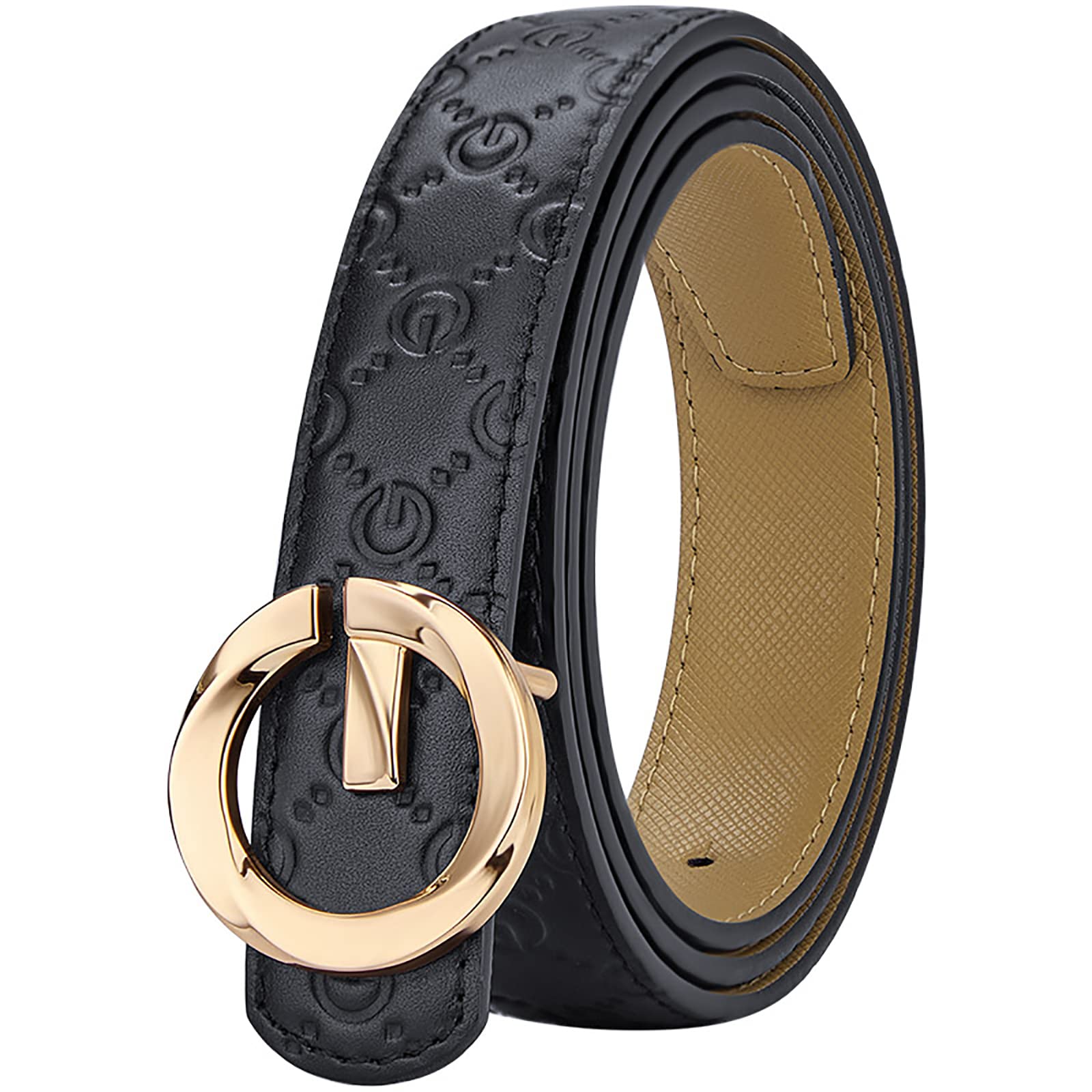 VANNANBA Belts for Women Genuine Leather with Letter Pinhole Buckle Belt