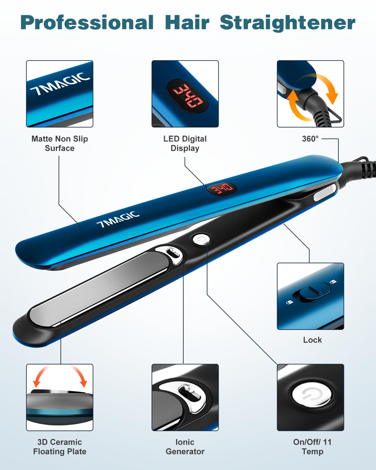 Negative Ion Flat Iron Hair Straightener, Ceramic Hair Straightener with LCD, 1" Flat Iron with 11 Heat Settings, Professional 2 in 1 Hair Iron for Thick Hair, Anti Static & Auto Shut-Off