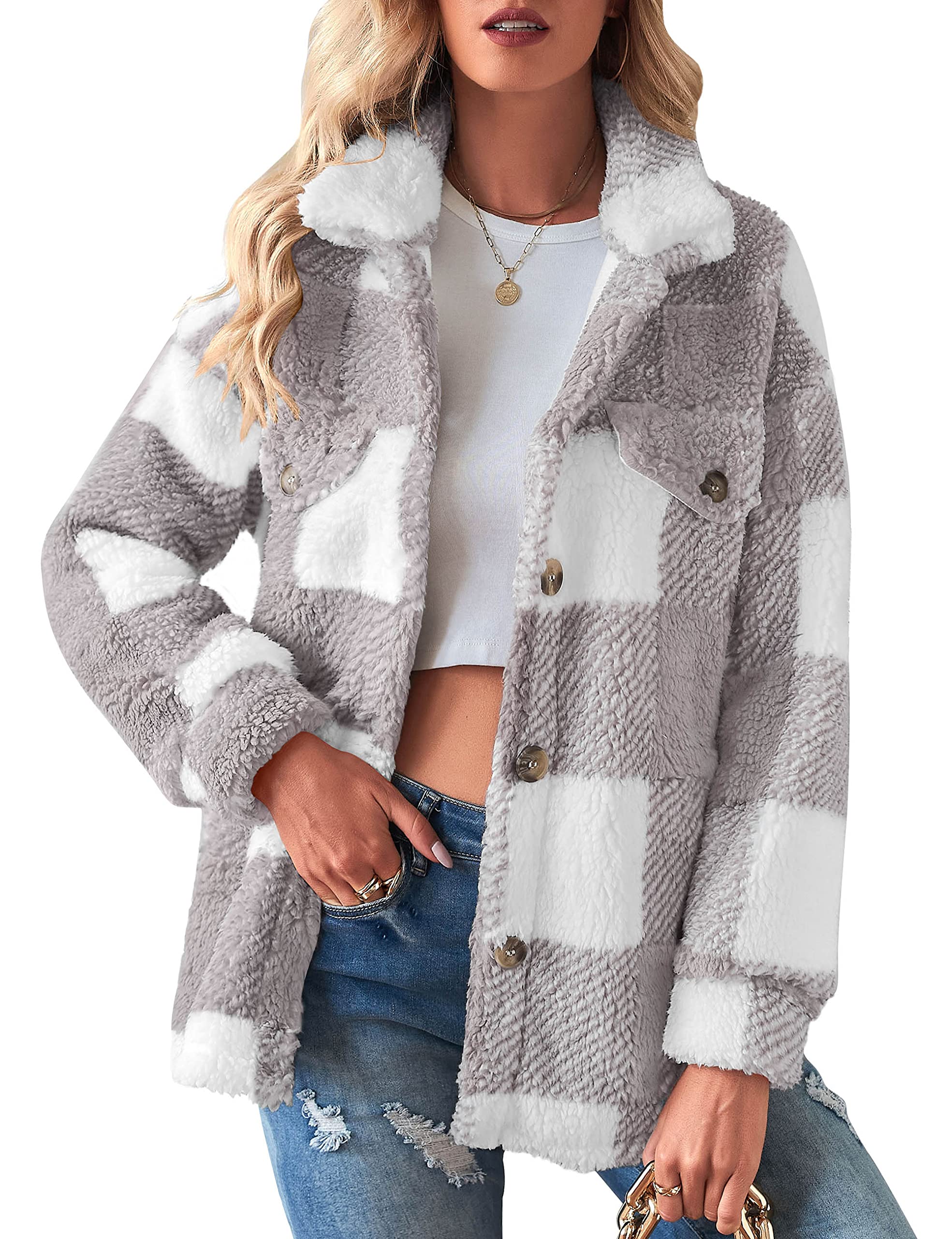 MEROKEETY Womens Plaid Fuzzy Sherpa Jacket Winter Warm Lapel Fleece Casual Outwear Coat with Pockets, Grey, M