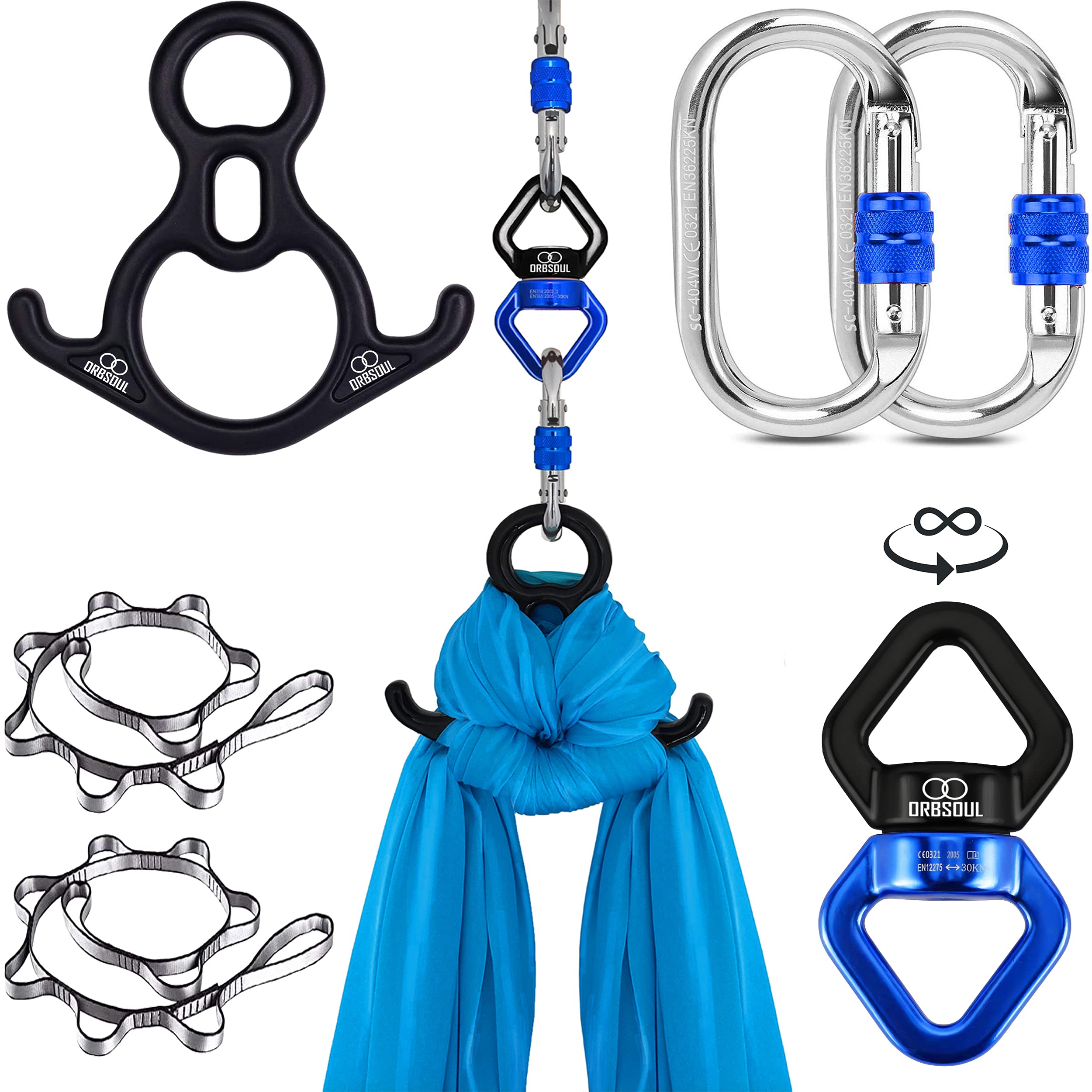 Orbsoul Aerial Silks Hardware (Deluxe PRO Set), Certified Complete Kit (Includes Rescue Figure 8 Descender, Infinity Swivel 2.0, and 2X Ice-Blue Carabiners)