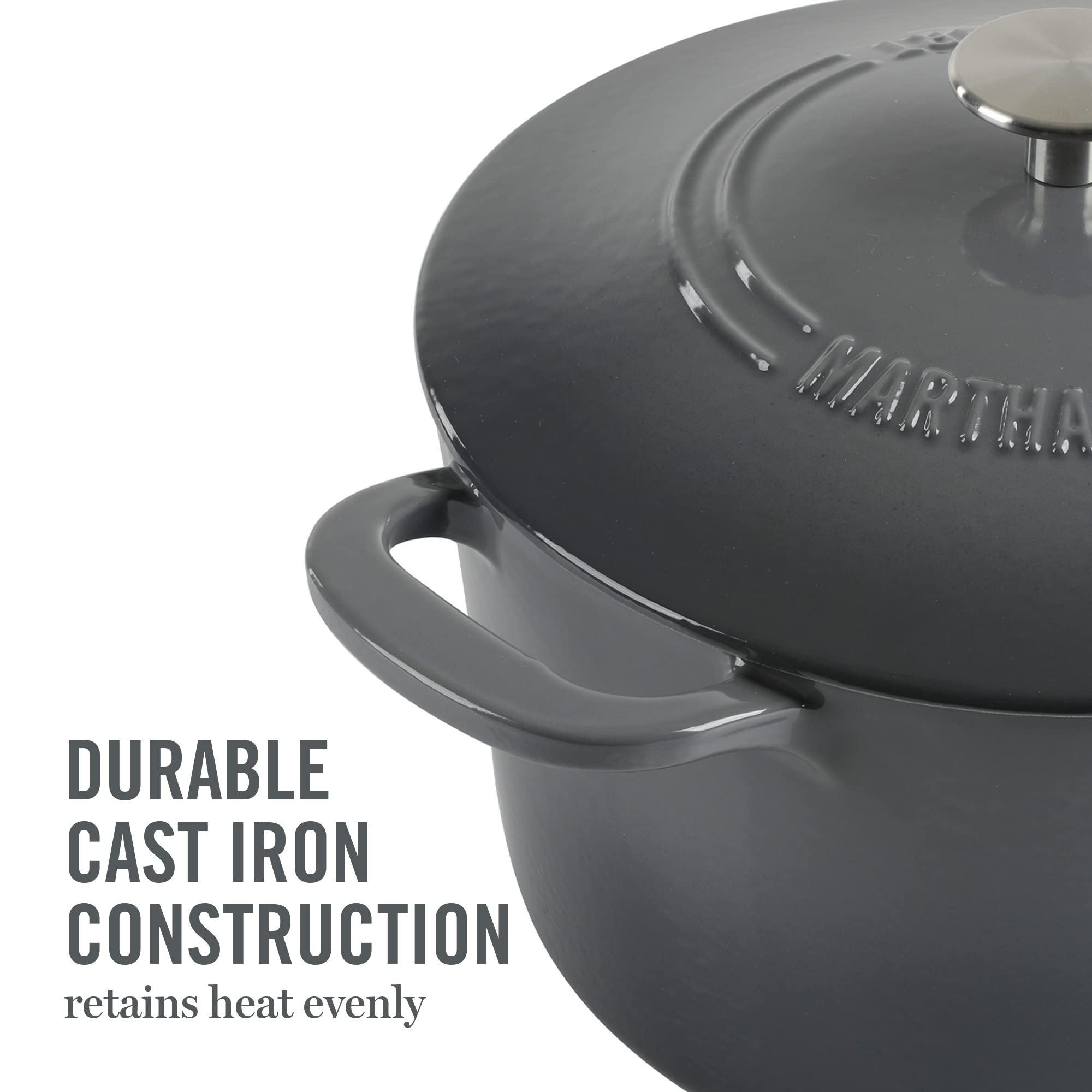 MARTHA STEWART Gatwick 7 QT Enamel Cast Iron Dutch Oven, Classic Grey