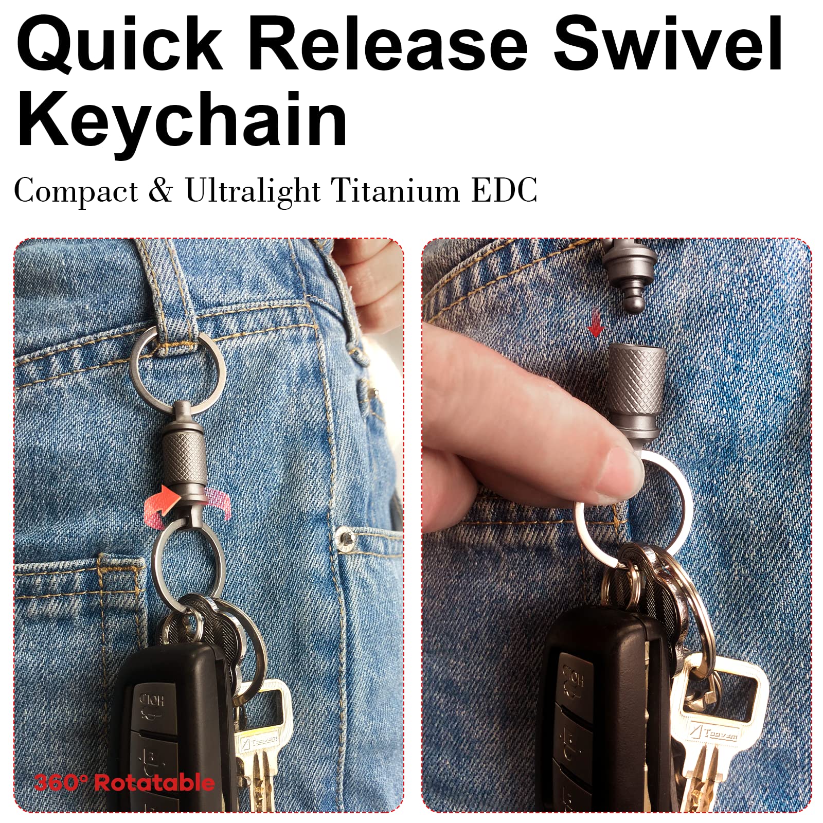 Toovem Titanium Quick Release Swivel Keychain, Secure Detachable Pull Apart Key Clip, Compact EDC Key Holder Accessory, Small Car Fob Key Chain with Stainless Steel Key Ring