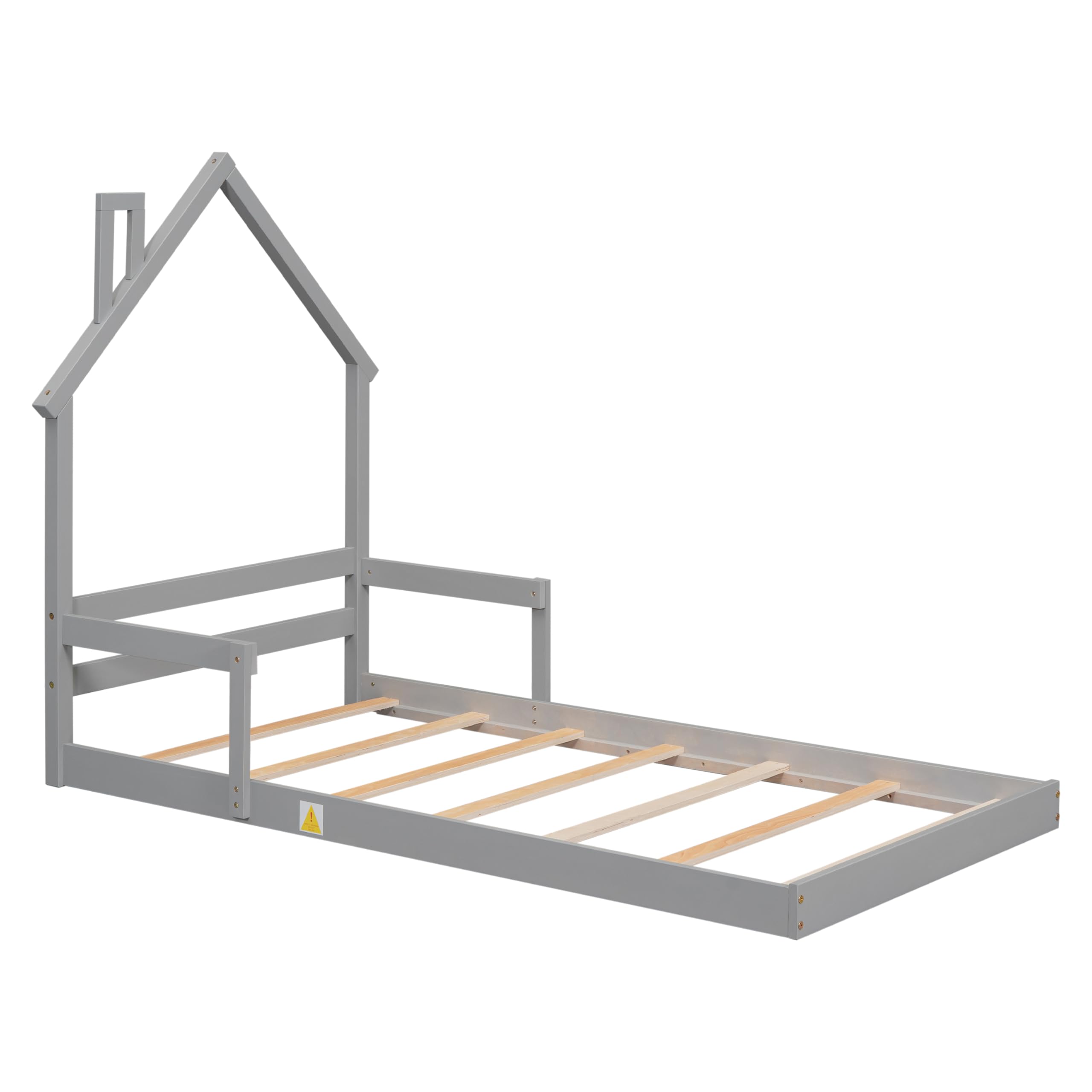 Zyerch Twin House-Shaped Headboard Floor Bed with Handrails,Wooden Bed Frame with Slat for Kids, Teens, Boys Or Girls,Grey