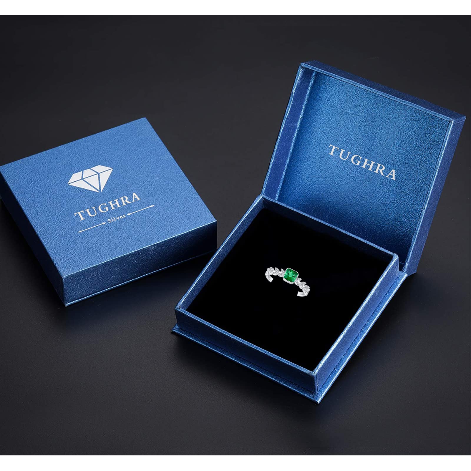 TUGHRA Emerald Ring - Sterling Silver Green Vintage Gem Birthstone Ring, Cubic Zirconia Leaf Ring, Adjustable Branch Ring Jewelry For Women, Mother's Day Gift
