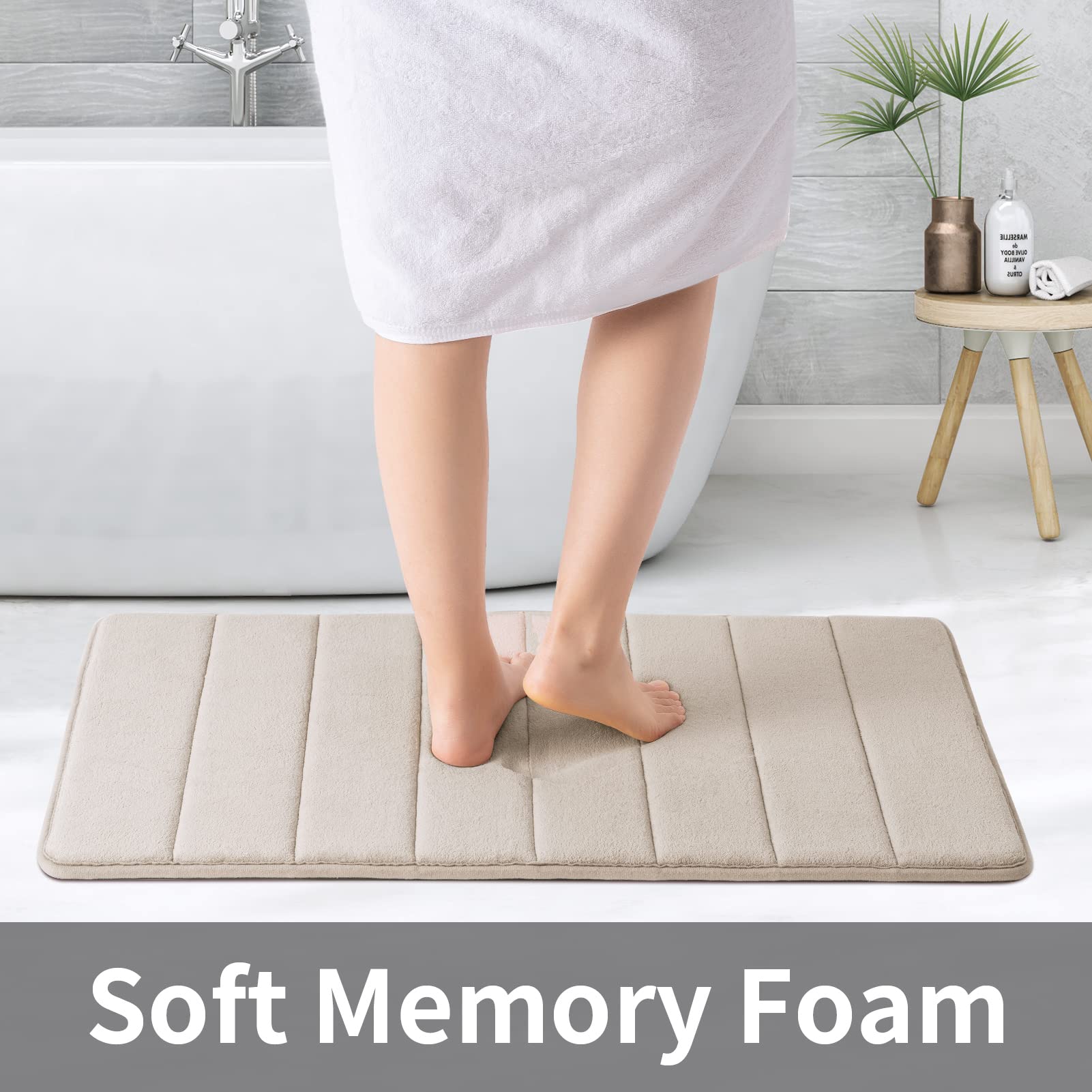 ROSMARUS Memory Foam Bath Mat 17” x 24”, Water Absorbent Shower Mat, Thick Bath Rugs for Bathroom Non Slip with PVC Backing, Ultra Soft Bathroom Rugs for Bathroom Floor & Tub, Ltbrown