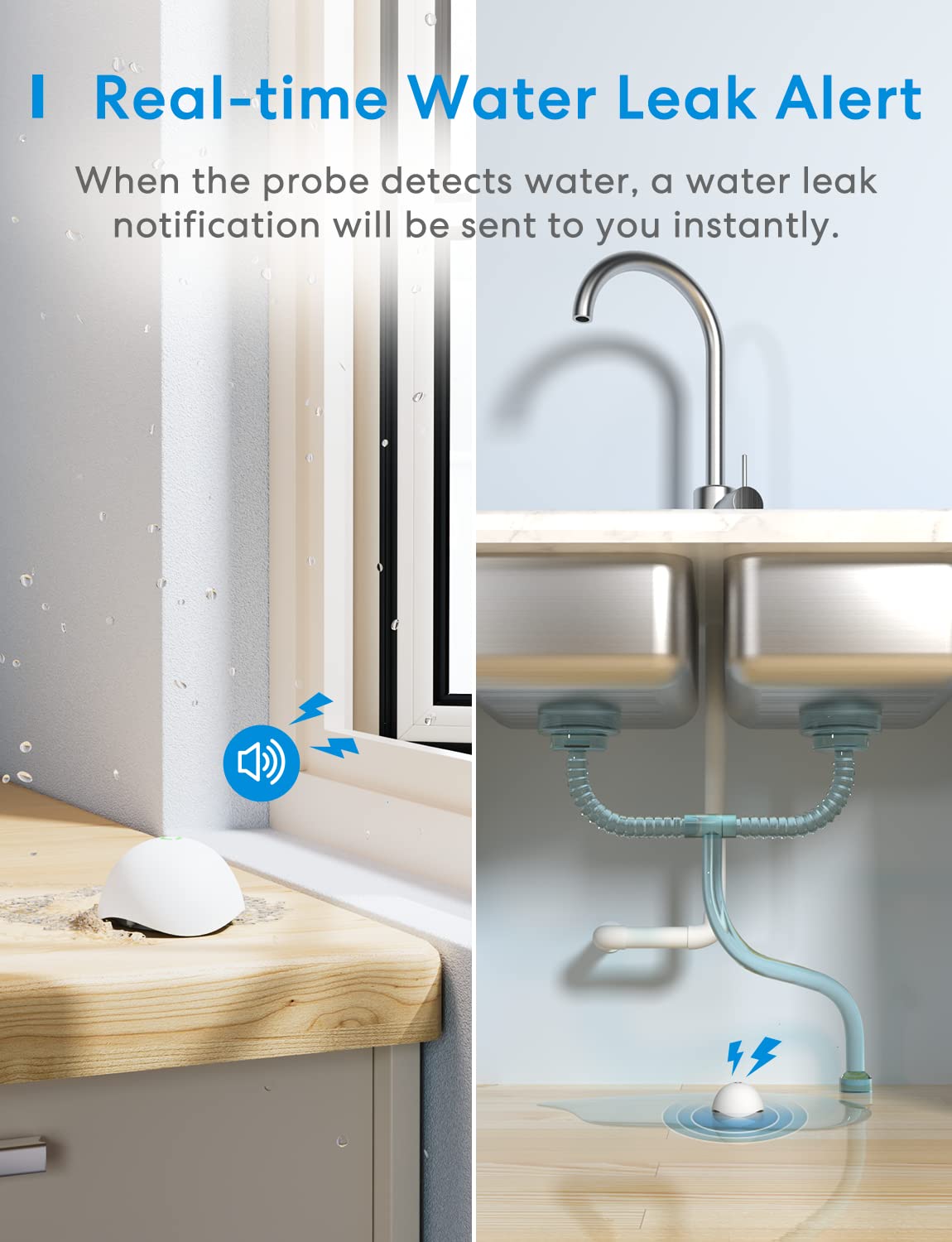 meross Smart Water Leak Detector, WiFi Water Sensor Support Apple HomeKit, SmartThings, IP67 Waterproof with App Alerts, Audio Alarm, 100M Range for Home Basement Kitchen (Meross Hub Included)