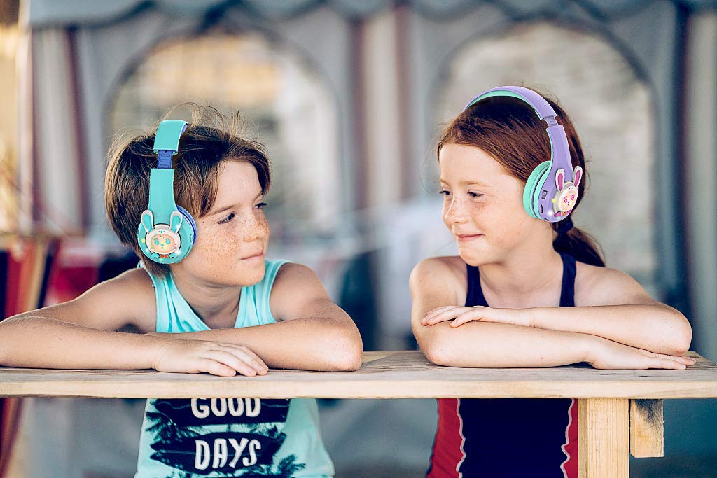 Riwbox WT-7S&RB-7S Kids Headphones Wireless, Bundle 2 Packs Foldable Stereo Bluetooth Headset with Mic and Volume Limited for PC/Laptop/Tablet/iPad (Blue&Purple)