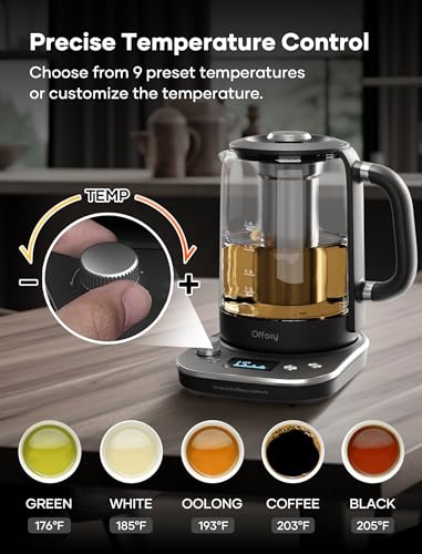 Offacy Electric Tea Kettle, 1.6L 1200W Fast Heating 9 Smart Presets with Removable Infuser Temperature Control 2H Keep Warm, BPA-Free Glass Teapot for Coffee, Boil-dry Protect, Easy to Clean, Black