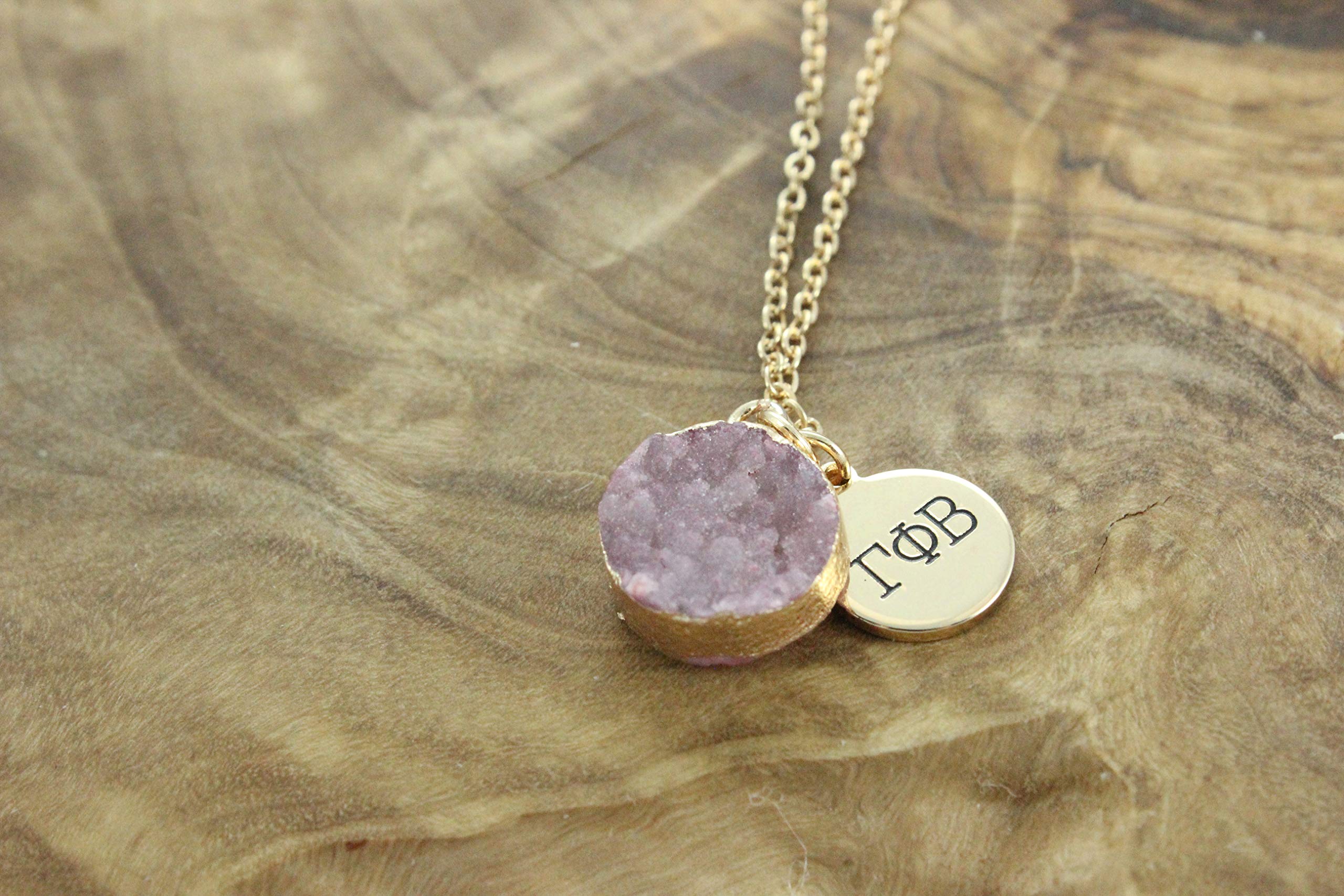 Sorority Shop GPB Necklace - Gamma Phi Beta Pink Druzy Gemstone Necklace With Engraved Pendant – 14K Gold Dipped Jewelry with Pink Gemstone – Sorority Gift, Charm Paraphernalia