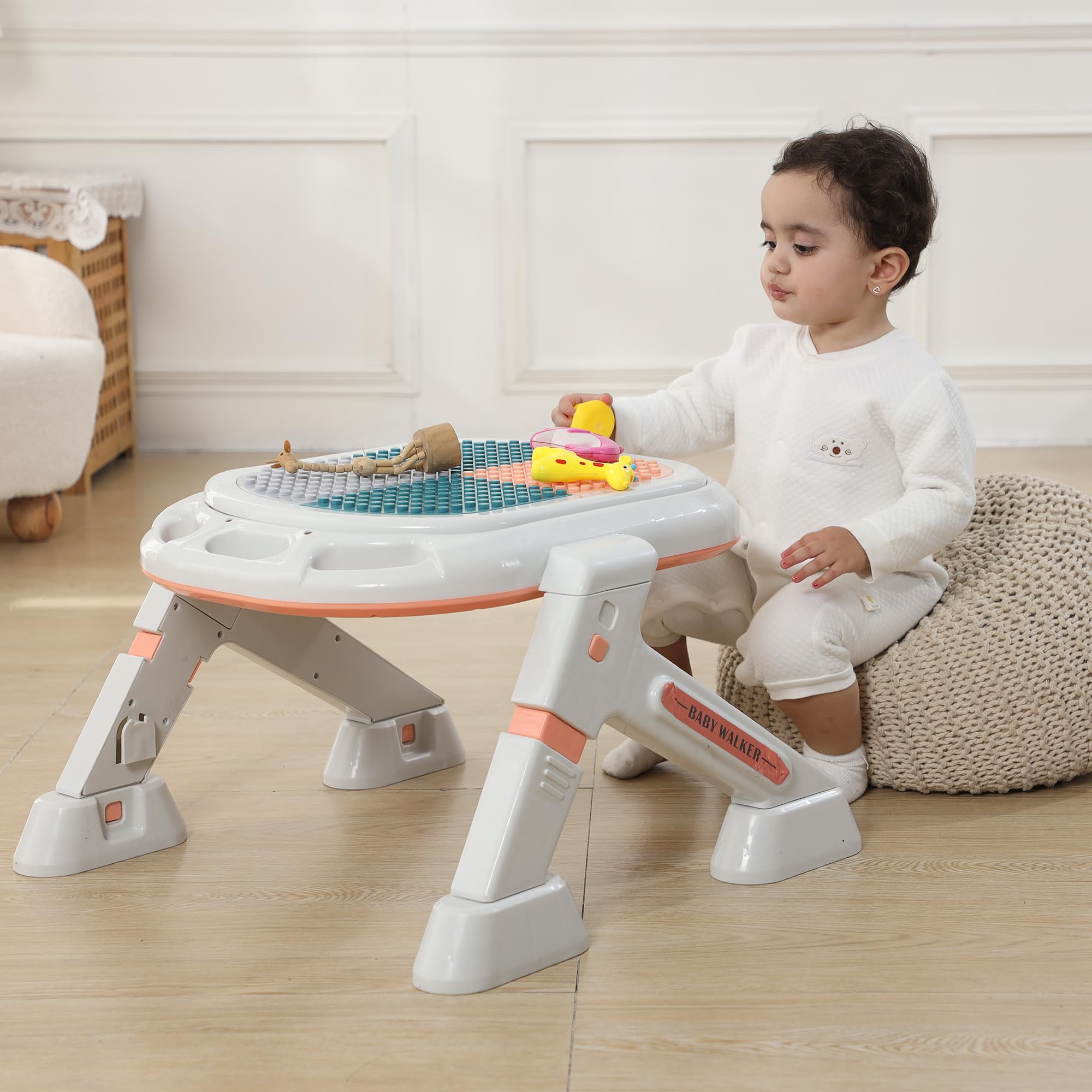 Marzviyia 5-in-1 Baby Walker with Wheels, Baby Push Walkers with Adjustable Height & Speed, Building Block Table, Pink