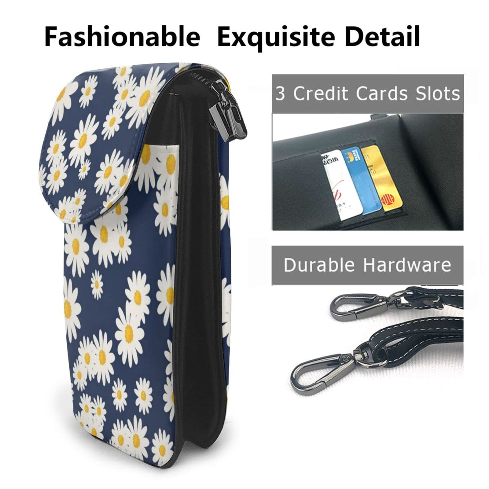 Women Cell Phone Purse Leather Crossbody Bag-Navy Blue Floral Daisy Mini Shoulder Bag Card Holder Wallet