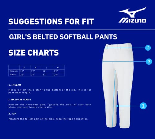 Mizuno Girls Youth Belted Low Rise Fastpitch Softball Pant, Grey, Youth Small