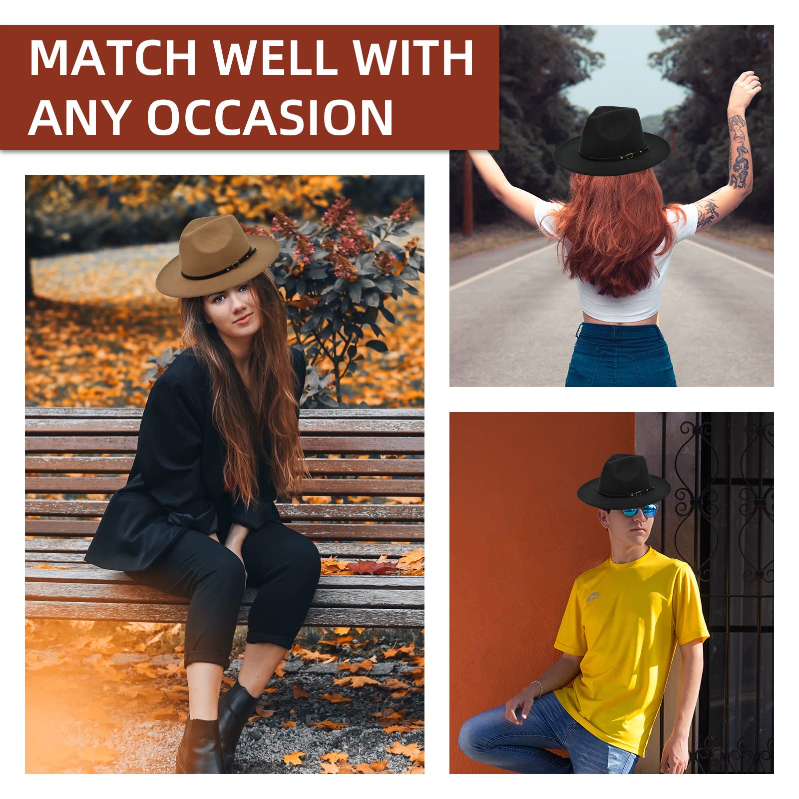 Women Classic Belt Buckle Fedora Hat, 2 Pack Wide Brim Panama Hat Lady Retro Wide Brim Fedora Hat