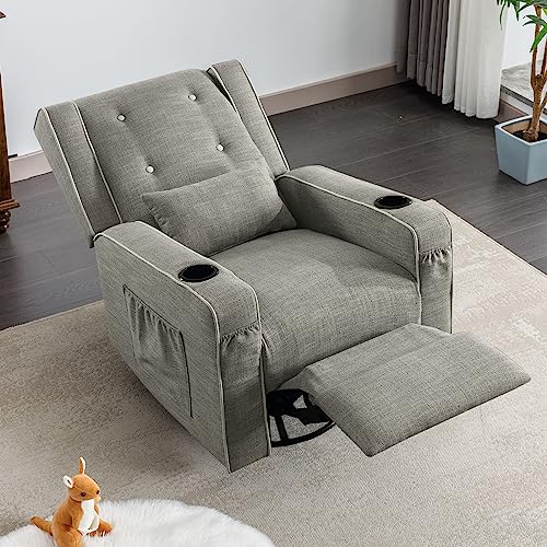 OPRISEN 360° Manual Swivel Recliner Swivel Rocker Recliner Chair for Nursery Overstuffed Wingback Glider Chair w/Side Pockets/Cup Holders (Beige)